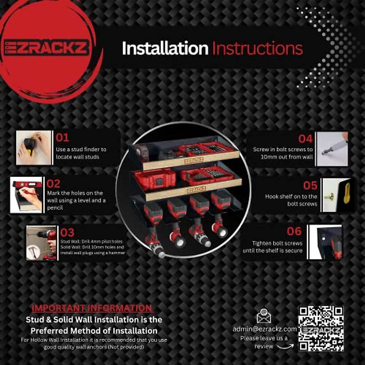 Ezrackz Power Tool Organizer Wall Mount, Cordless Tool Organizer, 3 Heavy Duty Drill Holder Wall Mount Shelves, Power Tool Storage Rack, 150lb Cap, Garage Shed Organization Battery & Charger Shelf