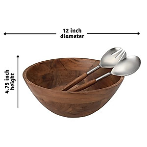 Folkulture Salad Bowl or Salad Bowl With Servers, Salad Bowls or Wooden Bowls for Food in 3 Colors, 12" D x 5" H, Acacia Wood, Wooden Salad Bowl Set, Round Mixing Bowl, Natural Finish