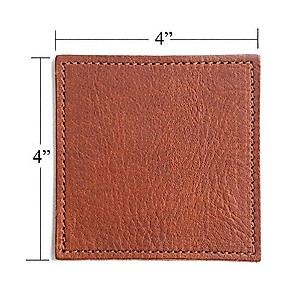 American Made Leather Coasters - Premium Full Grain Leather, Double Layered Square Rustic Brown Coaster Set, 4”x4” - Handmade in The USA - Set of 4