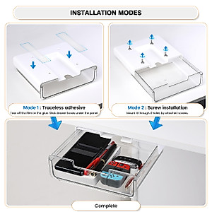 2 Pack Adhesive Under Desk Drawer Organizer Slide Out Attachment, Attachable Clear Acrylic Hidden Shelf Storage With Phone Stand, Add A Mounted Pull Out Tray For Cabinet, Table, Counter - Plastic