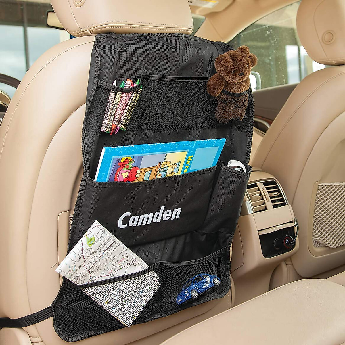 Fox Valley Traders Personalized Children's Back Seat Organizer with Storage Pockets, Customized Smart Travel Car Organizer, Black