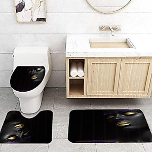 NEWSUYAA 4 Sets Black Woman Shower Curtain Sets with Bath Rugs Set,Sexy African American Afro Sexy Women Waterproof Tub Curtains Rug Mats Toilet Seat Cover Hooks,Black and Gold 71 Inch Bathroom Decor