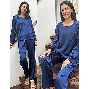 Ekouaer Womens Silk Pjs Satin Lounge Set Silky Nightwear Long Pajama Pant Set Loungewear Long Sleeve Satin Pajama Set Navy Blue M