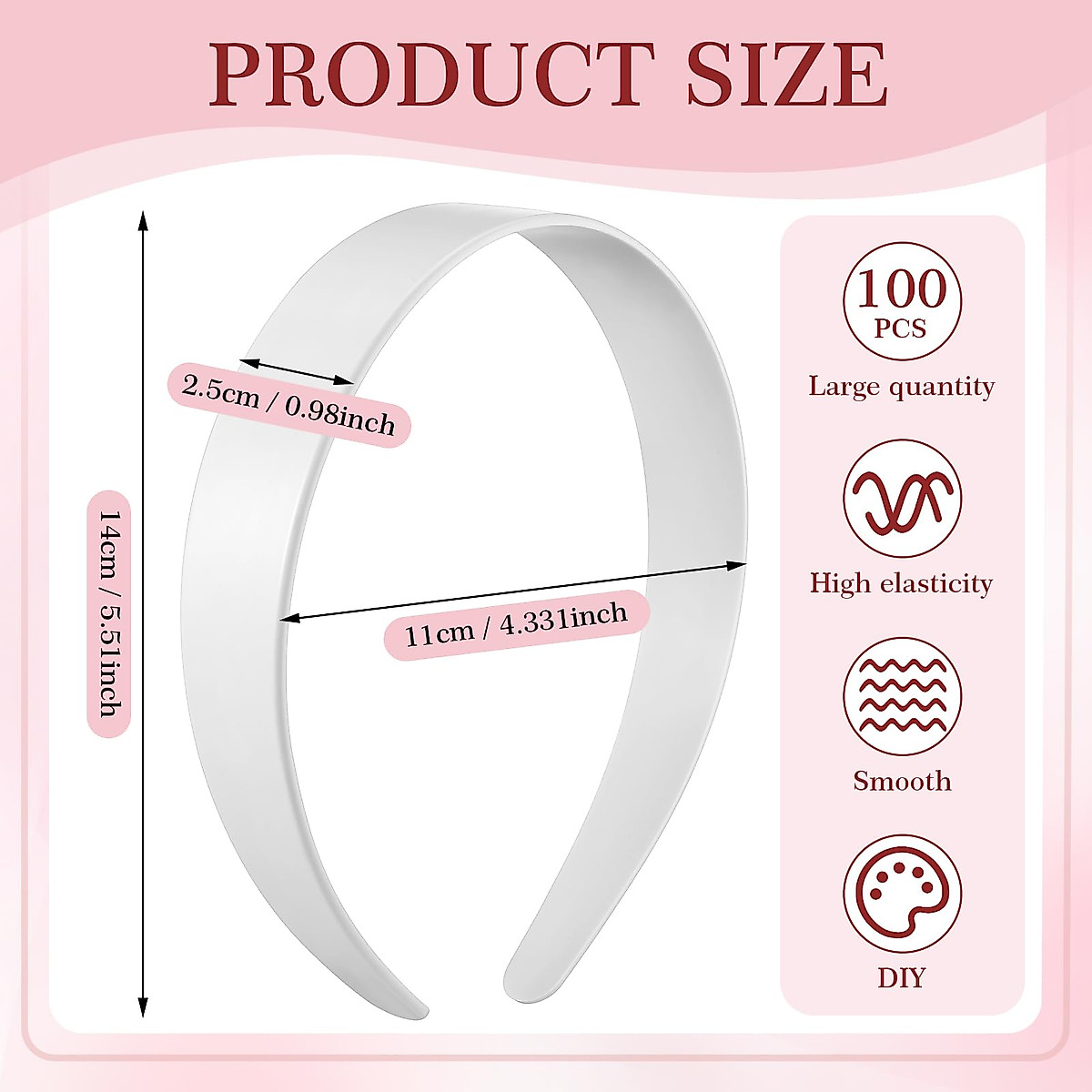 Hotop 100 Pcs Plastic Headbands Bulk 1 Inch Wide Craft No Teeth Plain Headbands DIY Hair Band Accessories for Girls Women (White,1 Inch Wide)