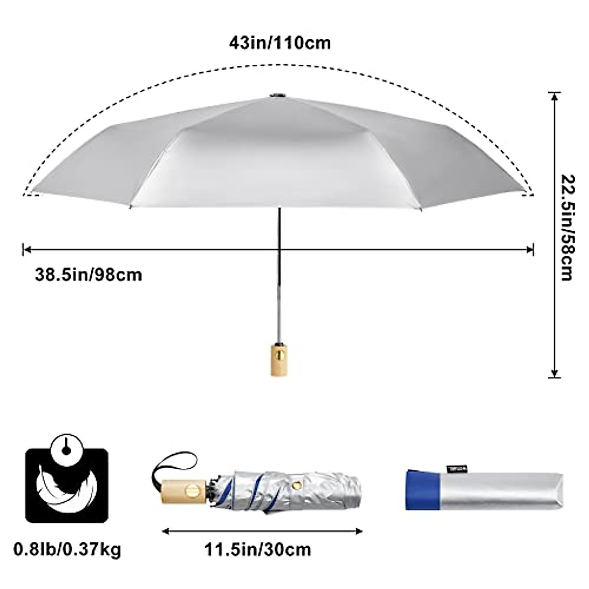 G4Free UPF 50+ UV Protection Travel Umbrella with Wooden Handle, 42 Inch Lightweight Sun Rain Folding Umbrellas Auto Open Close (Blue)
