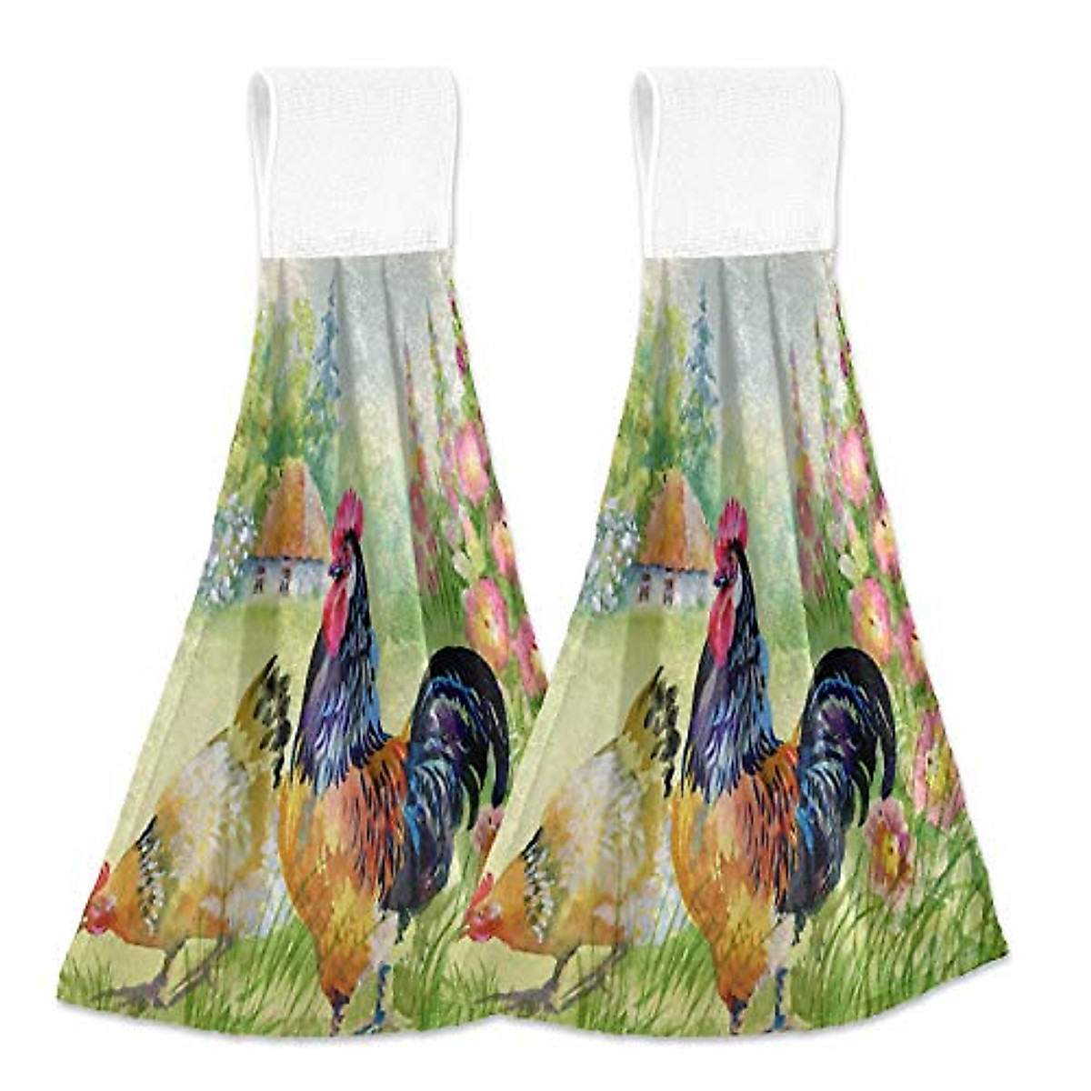 Alaza 2 Pcs Kitchen Towel, Watercolor Farm Bird Rooster Absorbent Towel Hanging Towel Hand Towel
