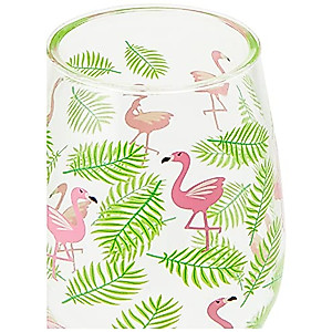 X&O Paper Goods Tropical Pink Flamingo and Palm Leaf Plastic Wine Glass Set, 2pcs, 16 oz., 3.5'' W x 8.75'' H