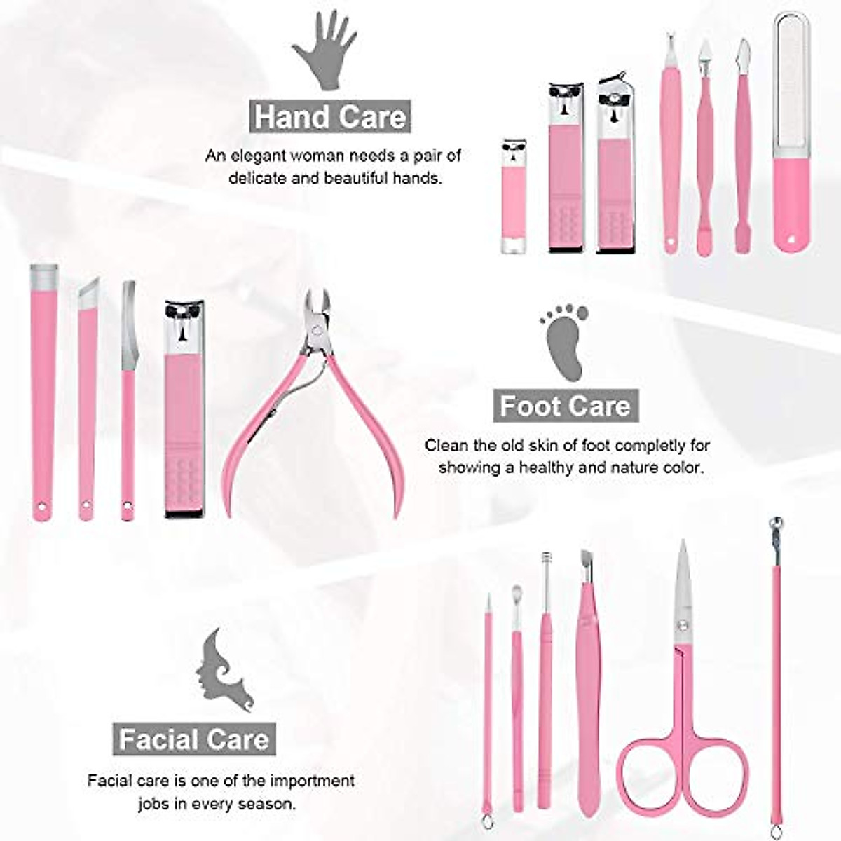 Manicure Set Professional Nail Clippers Kit Pedicure Care Tools- Stainless Steel Women Grooming Kit 18Pcs for Travel or Home (Pink)