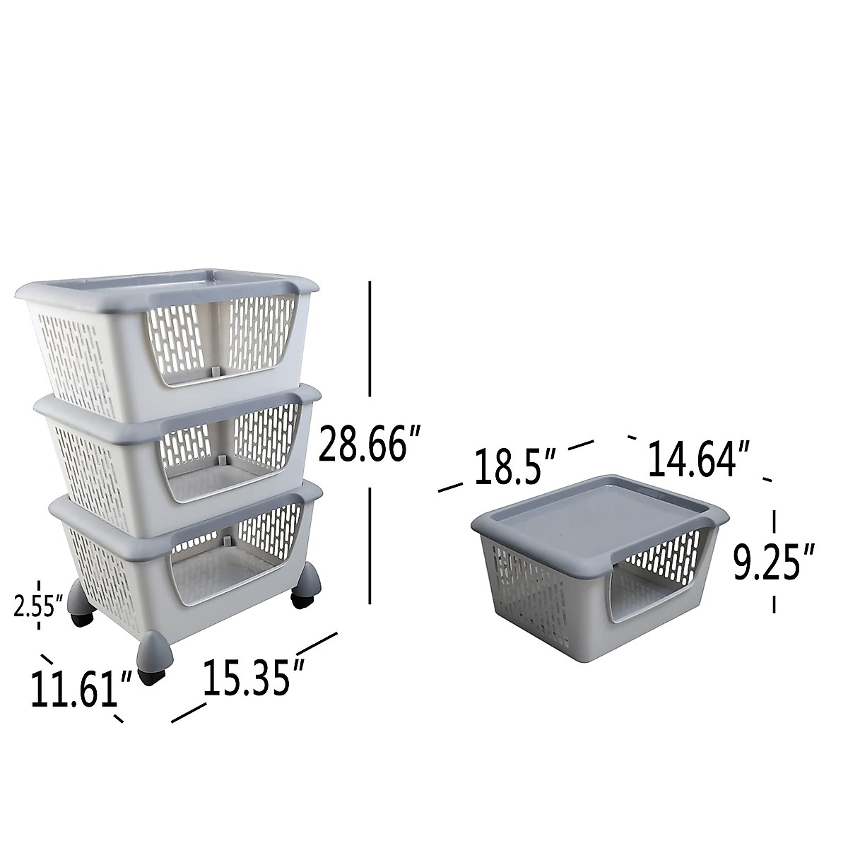 Vcansay 3 Packs Plastic Stacking Storage Basket, Large Stacking Bins with Wheels, Gray