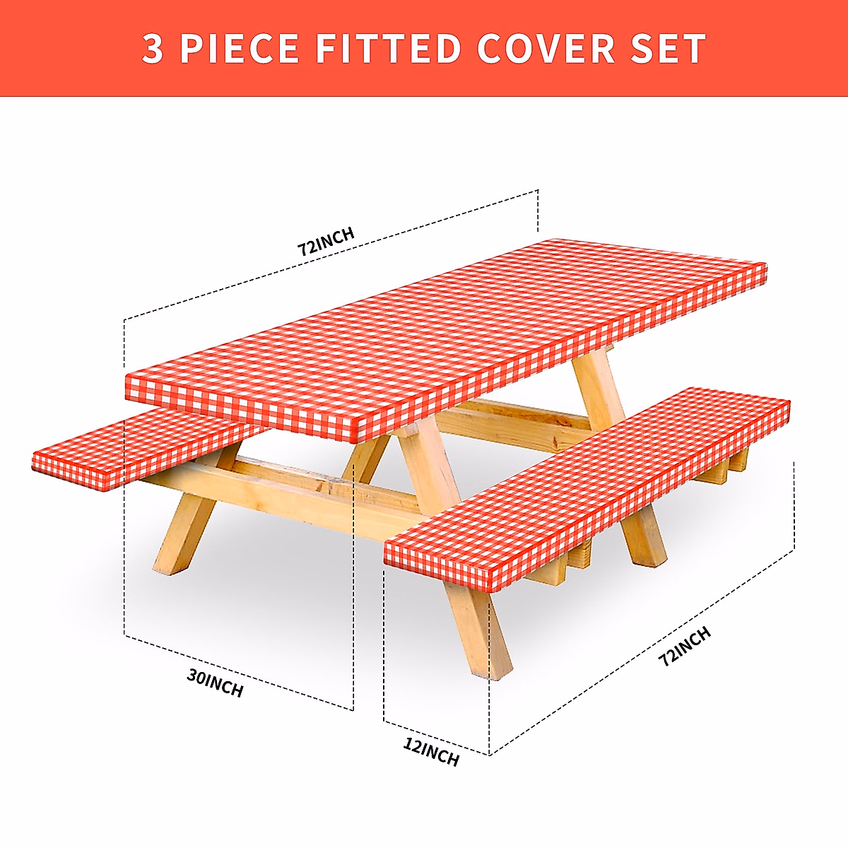 Raweao Picnic Table Cover with Bench Covers - 3 Piece Fitted Picnic Table Cover with Elastic Band and Flannel Backing, Picnic Table Cover for Outdoor, BBQ, Camping (30 X 72 Inch, Red)