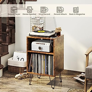 TC-HOMENY Record Player Stand with Charging Station & USB Ports, Turntable Stand Holds Up to 160 Albums, Vinyl Record Storage Stand with Metal Legs for Living Room, Bedroom, Office