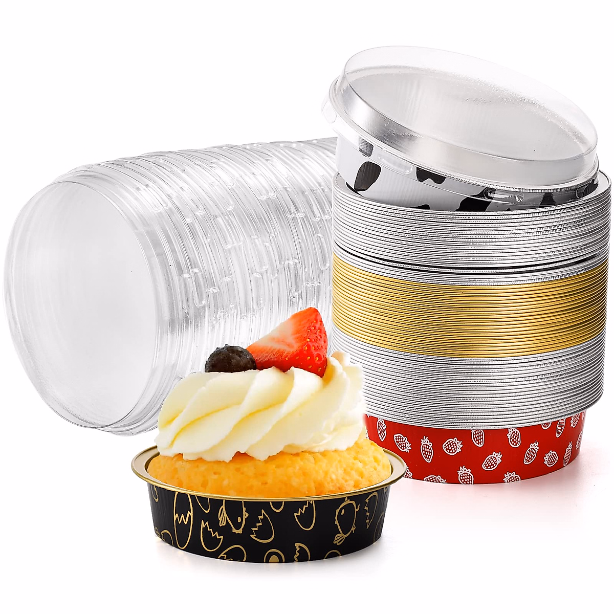 Lyellfe 60 Pack Aluminum Foil Baking Cups with Lids, 6 Oz Foil Baking Cups, Disposable Aluminum Muffin Dessert Cups for Pudding, Souffle, Creme Brulee, Ramekins, Wedding, Party and Holidays