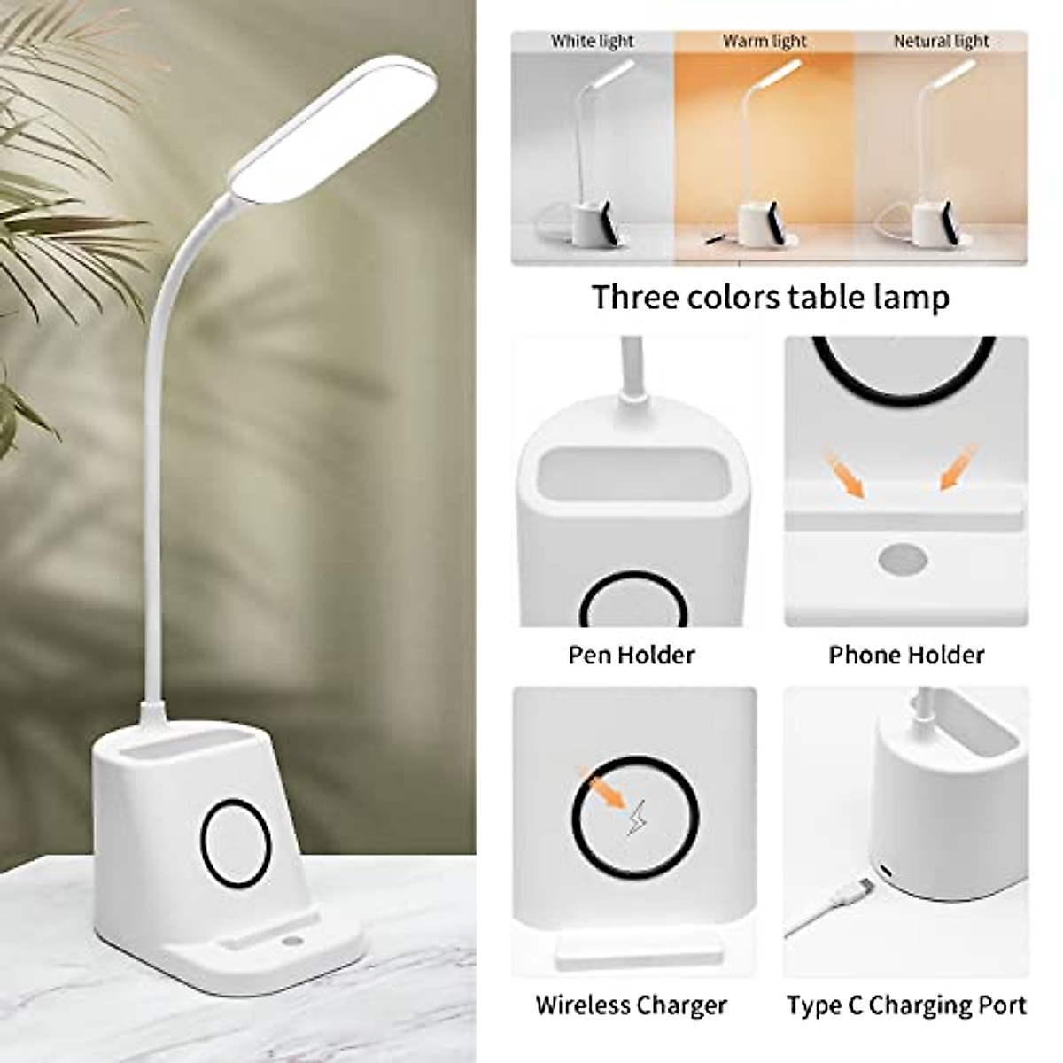 IIOSUYUI Desk Lamp for Home Office, Wireless Charger LED Desk Light with USB Charging Port, 3 Modes Table Lamp with Pen Holder Phone Holder, Desk Lamps for Students Kids
