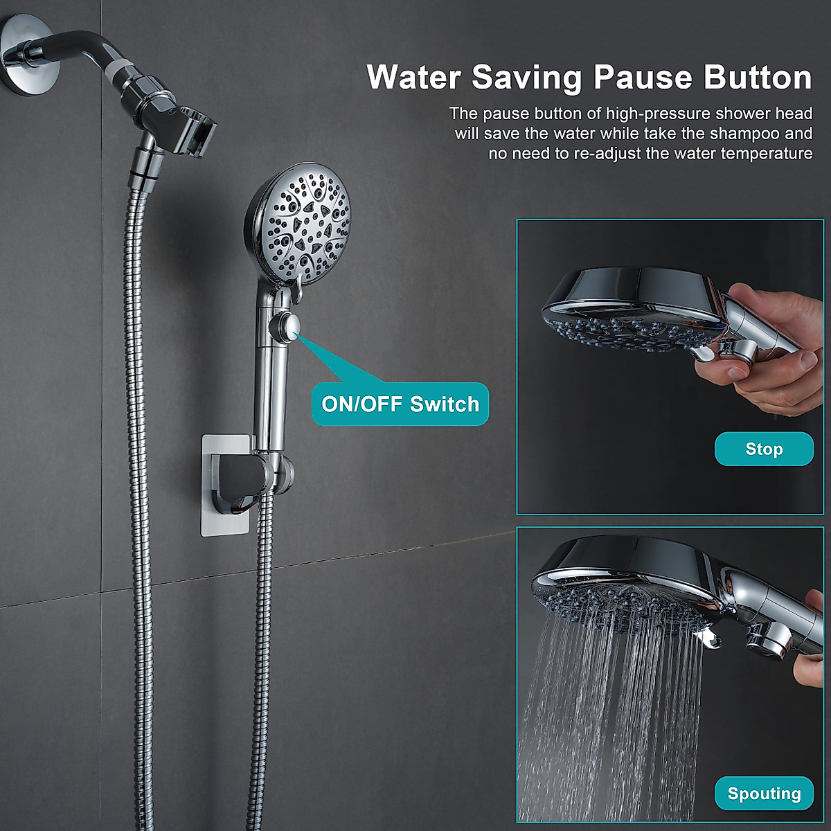 GwernKB Handheld Shower Head with On Off Switch 8-Mode High Pressure Showerhead with 79 Inches Extra-long Stainless Steel Hose and Bracket PLUS Extra Low-Reach Adhesive Wall Mount for Kids,Silver
