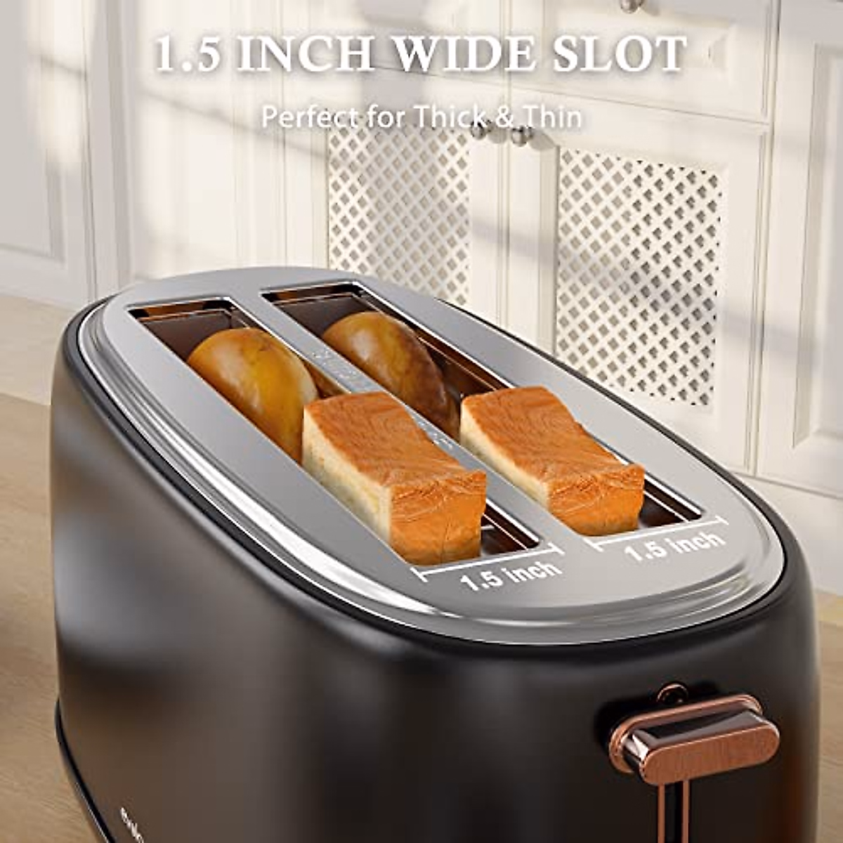 Evoloop 4 Slice Toaster, 1.5" Extra Wide Slots Stainless Steel Toaster with Warming Rack, 6 Shade Settings & Removable Crumb Tray, Bagel/Defrost/Reheat/Cancel, Long Slot Toaster for Croissants Bread