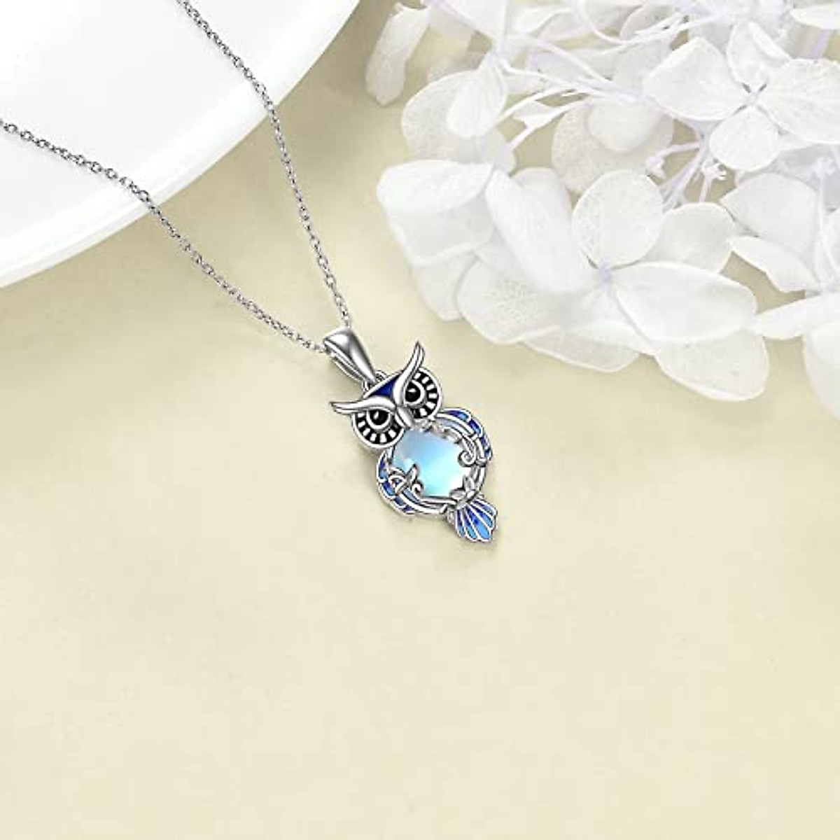 LUHE Owl Jewelry Necklace Gifts for Women Sterling Silver Moonstone Filigree Owl Pendant Necklace Christmas Gifts Jewelry for Women
