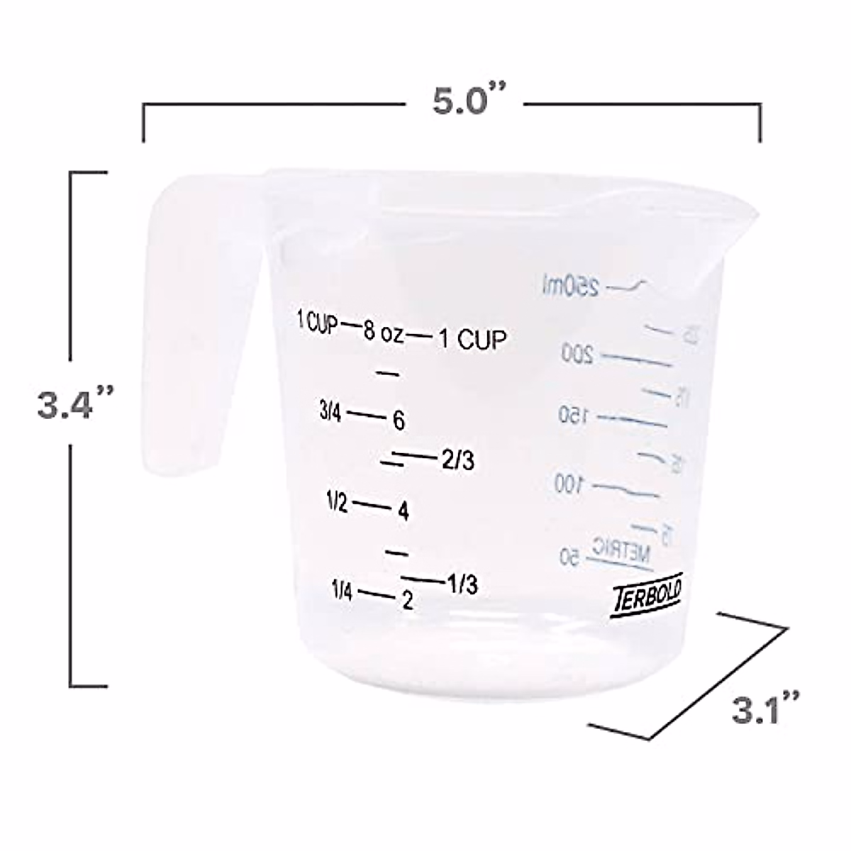 Terbold 3pc Measuring Cup Set in Clear Plastic with Long Handles - 1 Cup, 2 Cup, 1 Quart Sizes
