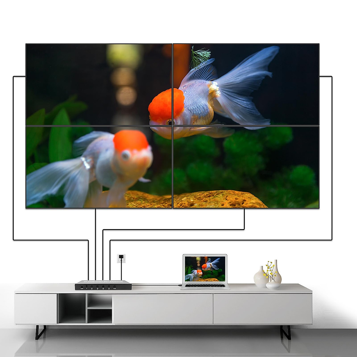 Video Wall Controller HDMI 1X4,Splicing Professional Processor with 4 HDMI+3.5mm Audio Output 180 Degree Rotate TV Wall Display 8 Splicing Modes 1x1, 1x2, 1x3, 1x4, 2x1, 3x1,4x1, 2x2