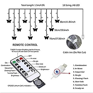 Cynzia Butterfly Curtain Lights, 8 Modes 48LED Twinkle String Light with Remote 4.9FT USB Powered Window Fairy Light, Decorative Lights for Bedroom, Party, Wedding, Holiday, Christmas (Warm White)