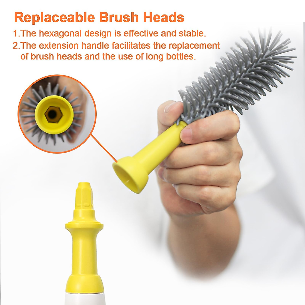 Augensterm Electric Bottle Brush Set with Electric Bottle Brush Cleaner, 3 Replaceable Baby Bottle Brushes and Extension handle. Silicone bottle brush, Waterproof, Perfect Baby Essentials(Lemon Yellow