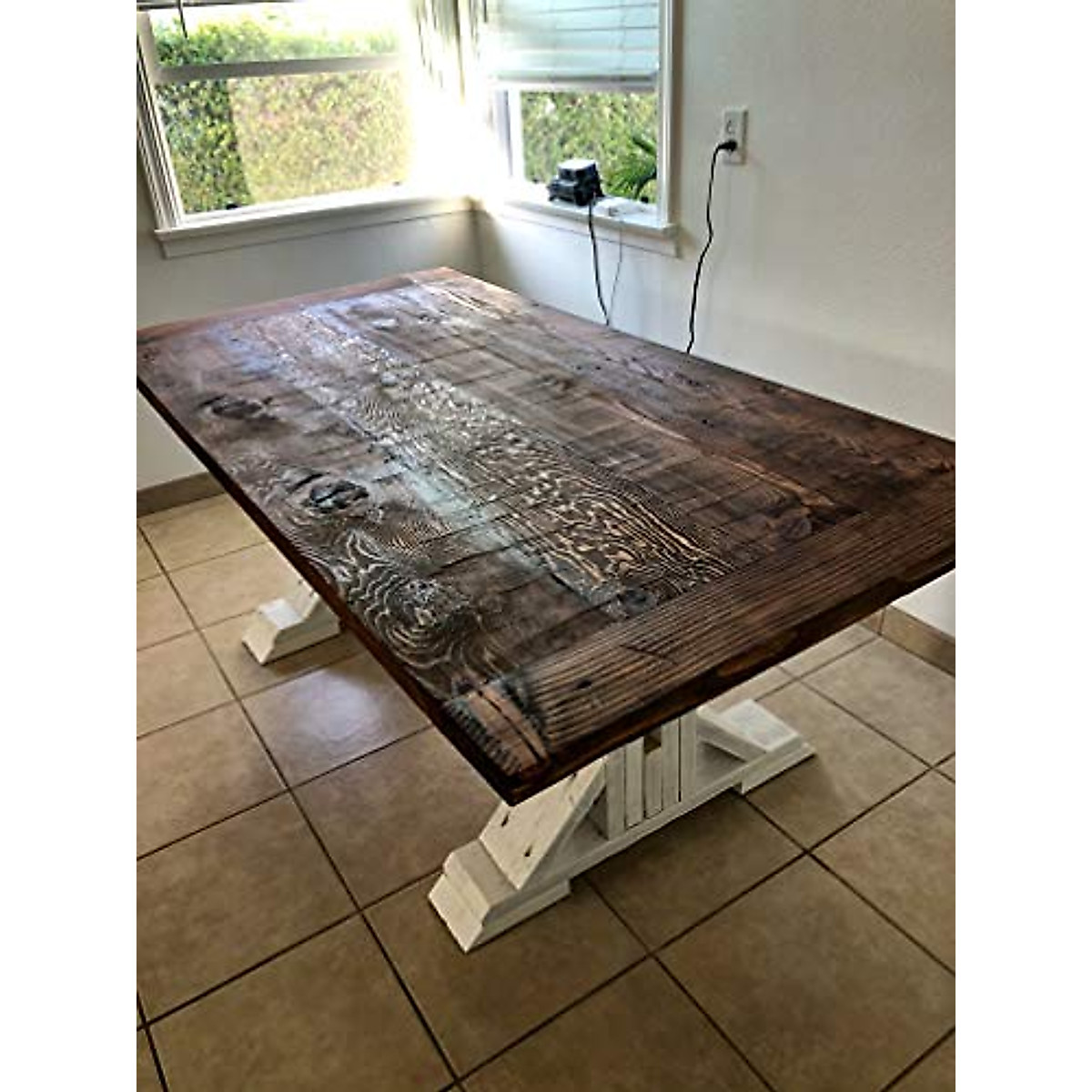 Farmhouse Redwood Rustic Table, Reclaimed Wood, Dark Brown and White