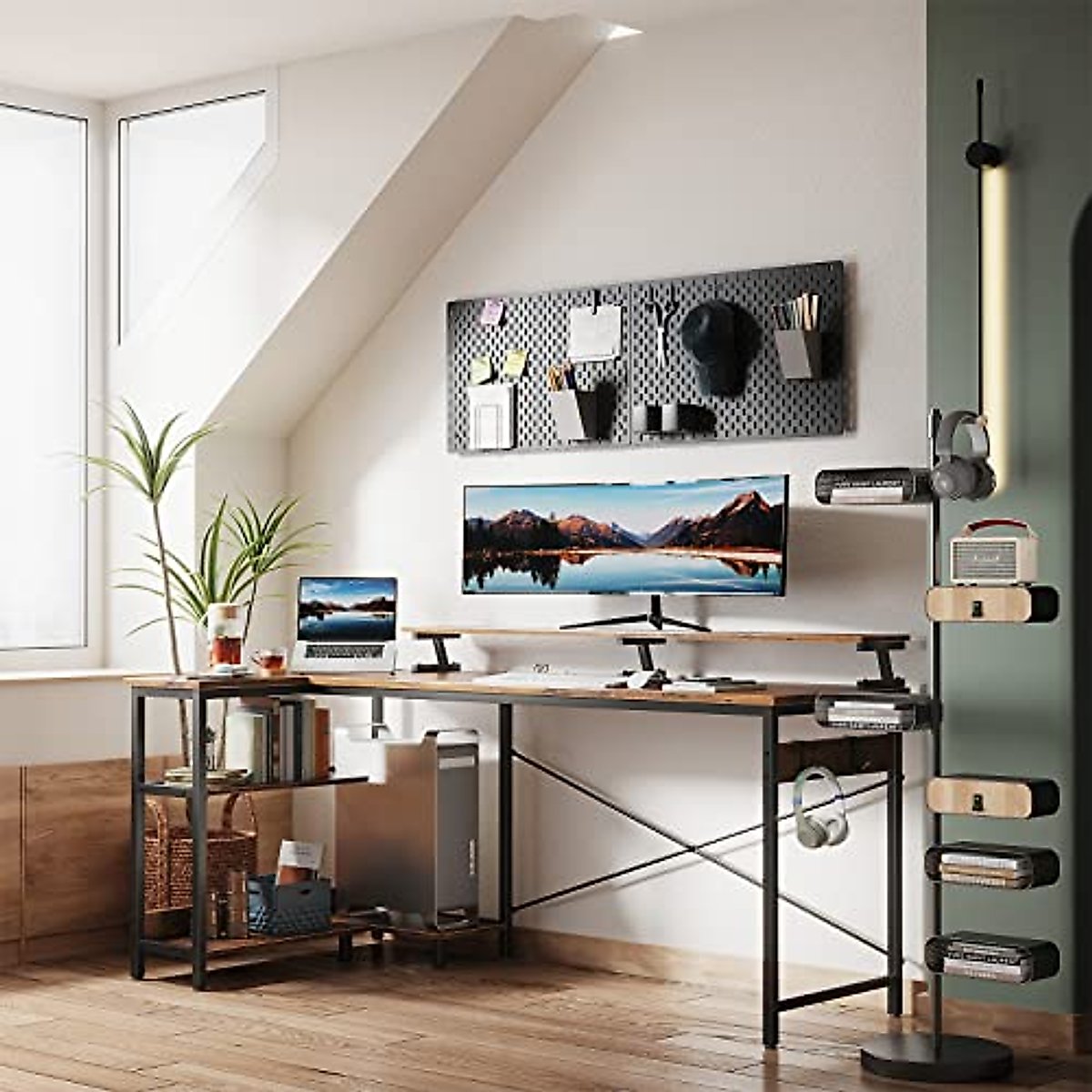 ODK Small L Shaped Desk, 66 inch Corner Desk with Reversible Storage Shelves, Computer Desk with Monitor Shelf and PC Stand for Home Office, Gaming Desk with Headphone Hooks, Rustic Brown