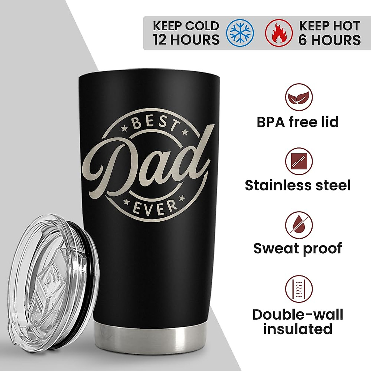 SANDJEST Best Dad Ever Tumbler with Lid - 20oz Insulated Stainless Steel Cup- Coffee Mug for Sport Travel Office, Gift for Father’s Day Birthday