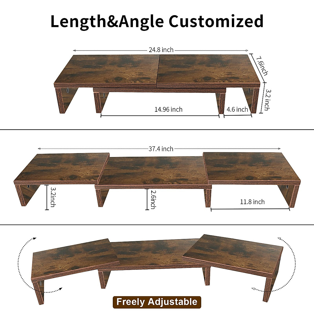 TEMI Monitor Stand Riser for 2 Monitors, Dual Monitor Riser Wood for Desk Standing, Wooden Computer Monitor Riser with Adjustable Angle and Length for Laptop, Computer, TV, PC and More (Rustic Brown)