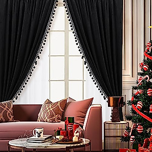 JORSEYSCUR Luxurious Blackout Curtains for Living Room Soft Velvet Pom Pom Curtains for Bedroom,Room Darking Window Drapes,Christmas Decorative, Rod Pocket Top,Set of 2 Panels，Pure Black (52W×84L)×2