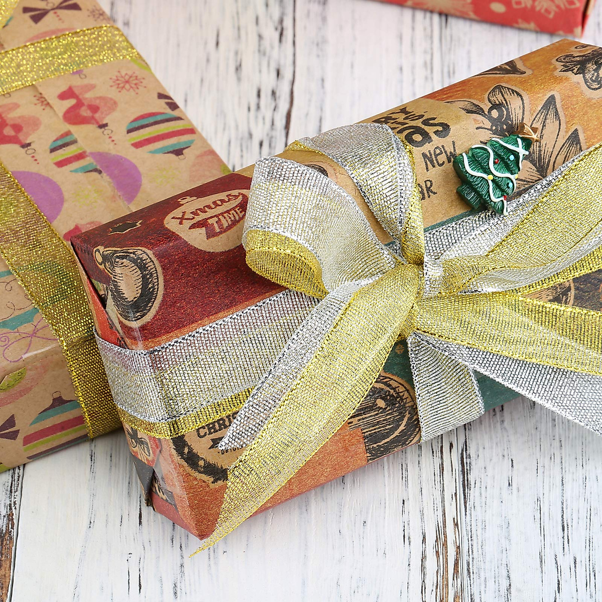 KESOTE Christmas 50 Yard Silver and Gold Ribbon for Christmas Tree Gift Wrapping Hair Bows Maker Floral Projects, 4/5 Inches