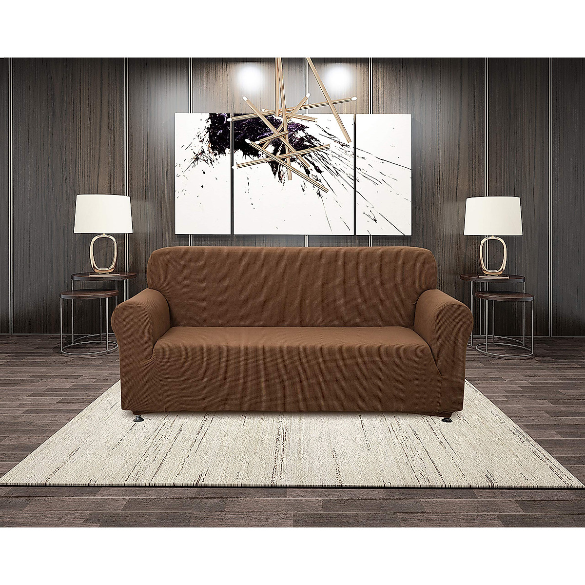 1 Piece-Love Seat/2 Seater Sofa Slipcover Polyester Spandex Jacquard Fabric Stretchable Home Motel Resort Rentals and Commercial use, Fits Back of Furniture from 57 to 70 inch Wide, Coffee Color