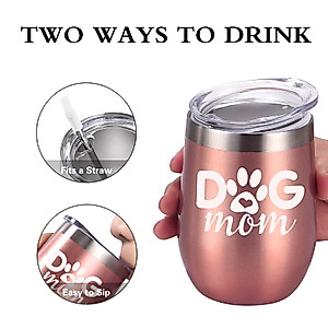 GINGPROUS Dog Mom Wine Tumbler Dog Lover Gifts for Women, Funny Wine Tumbler Gifts for Dog Mom Dog Lover Daughter Wife Friend, 12 Oz Insulated Stemless Steel Wine Tumbler, Rose Gold