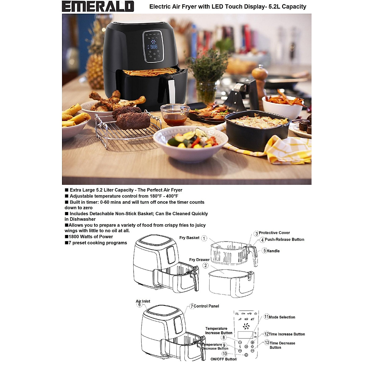 Emerald Electric Air Fryer with LED Touch Display- 5.2L Capacity (1804)