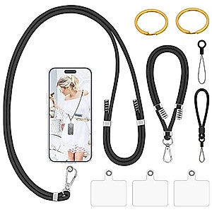 XLDLQU Cell Phone Lanyard, 1× Universal Crossbody Lanyard, 1× Adjustable Wrist Strap, 1× Finger Strap, 2× Key Rings and 3× Phone Patch Available for Most Mobile Phone (Black)