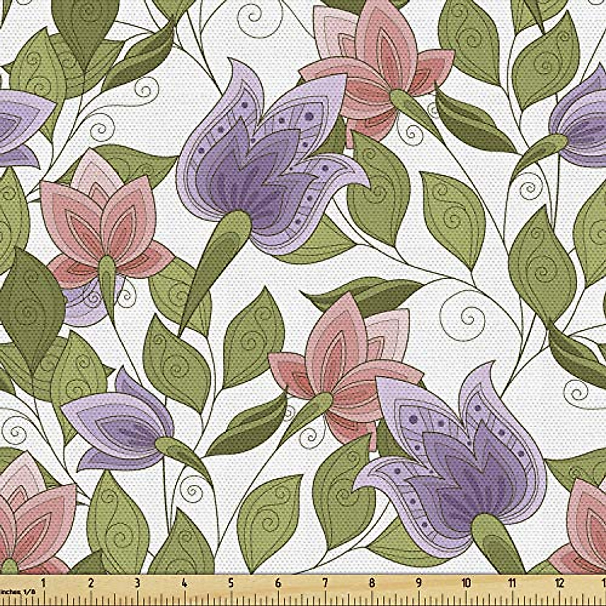 Ambesonne Floral Fabric by The Yard, Pastel Tone Tulip Flower Aged Ottoman National Petals Image, Decorative Fabric for Upholstery and Home Accents, 2 Yards, Olive Green Coral