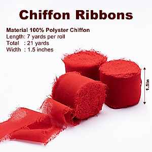 Chiffon Ribbon, 3 Rolls 21 Yards Red Handmade Fringe Chiffon Silk Ribbon 1.5" x 7Yd Ribbons Set for Wedding Invitations,Christmas, Bridal Bouquets, Gifts Wrapping, DIY Crafts