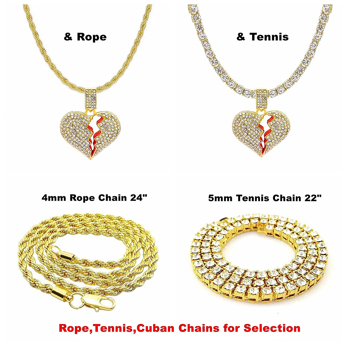 HH BLING EMPIRE Iced Out Broken Heart Chain Necklace for Men Women, Silver Gold Heart Pendant with Rope | Tennis | Cuban Link Chains, Hip Hop Rapper Chain Necklaces (Gold Heart A & Rope)