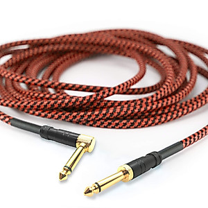Guitar Cable 10 ft - 1/4 Inch Right Angle Red Instrument Cable - Professional Quality Electric Guitar Cord and Amp Cable - Low Noise Bass and Guitar Lead - Reliable Cords for a Clean Clear Tone