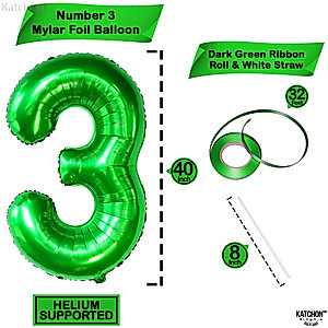 KatchOn, Giant Dark Green Number 3 Balloon - 40 Inch | Three Rex Birthday Party Decorations | Green 3 Balloon Number for Dinosaur Balloons | Green Three Balloon for Three Rex Birthday Decorations Boy