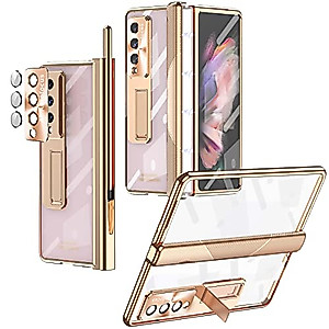 Case for Samsung Galaxy Z Fold 3 5G 2021, Plating Crystal Kickstand Case with S Pen, Removable Hinge Protection Holder and Built-in Camera Lens Protector and Front Screen Protector