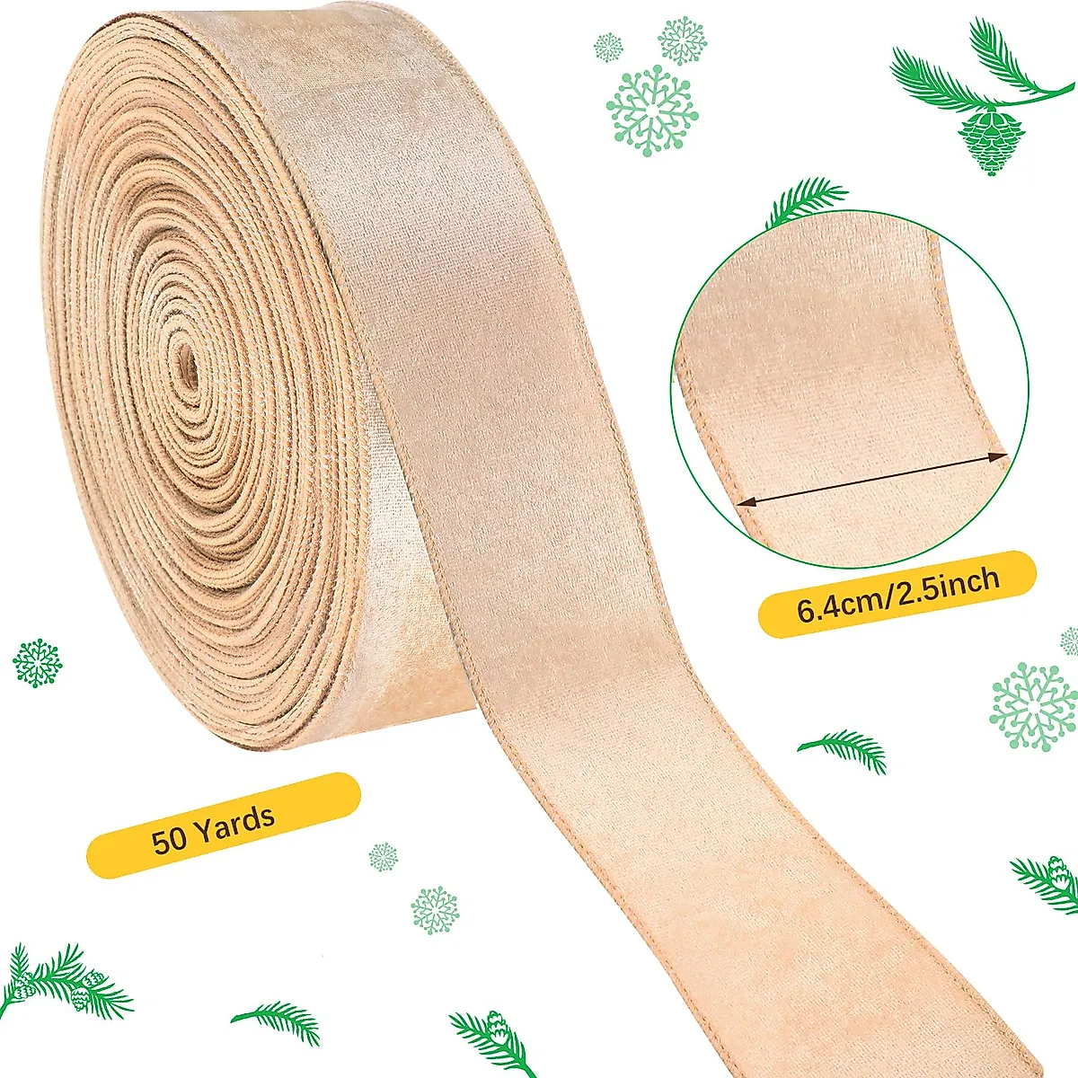 WILLBOND 50 Yards 2.5 Inch Christmas Velvet Wired Ribbon Fabric Decorative Ribbon for DIY Craft Bows Wreath Gift Wrapping Christmas Holiday Wedding Indoor Outdoor(Gold)