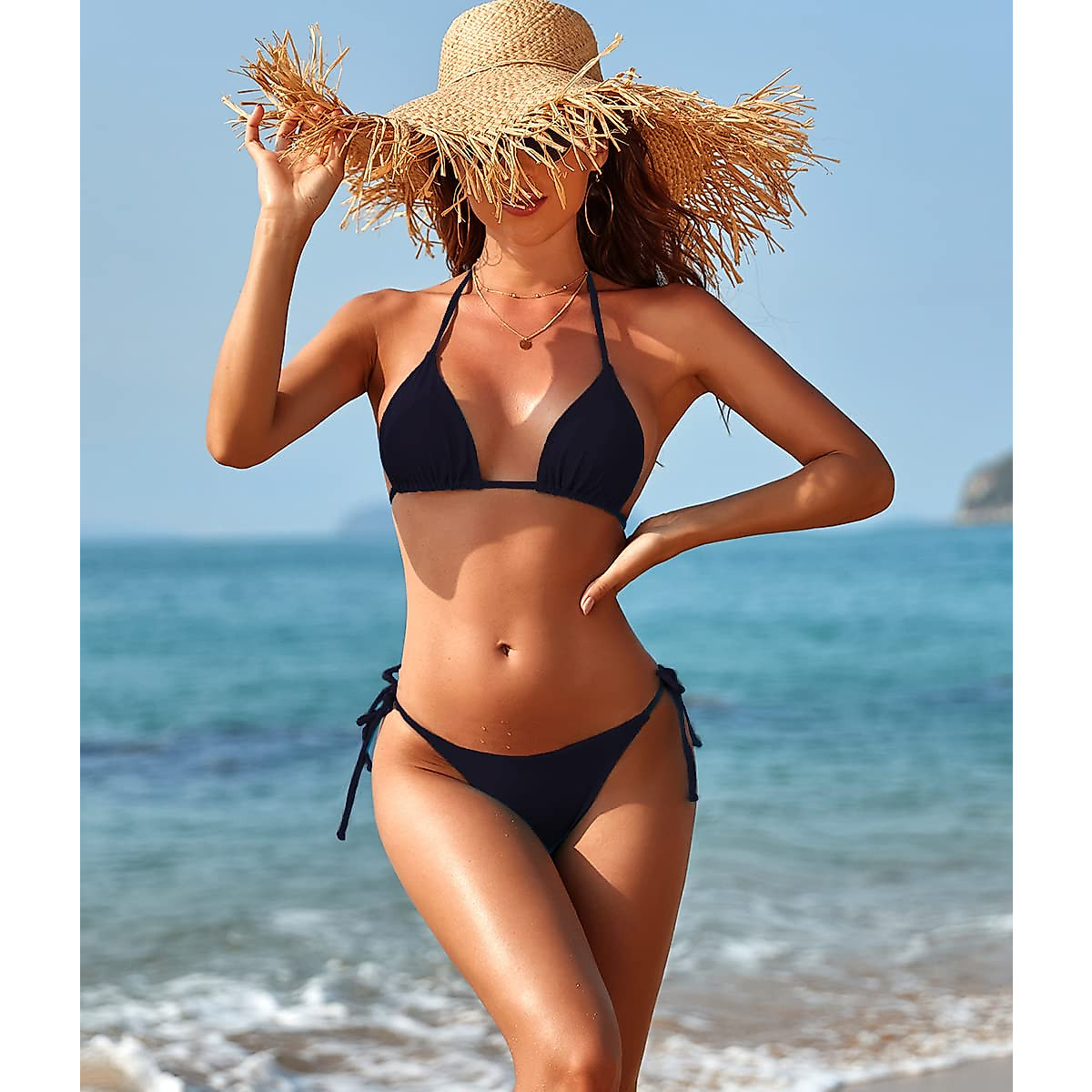 Tainehs Women's Sexy Halter Thong Bikini Tie Two Sides Bottom Triangle Bikini Swimsuits Black