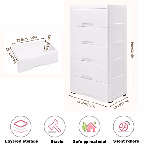 5 Drawer Storage Cabinet with Wheels,Plastic Drawers Dresser,5 Tier Storage Cabinet for Living Room,Bedroom,Kitchen,White