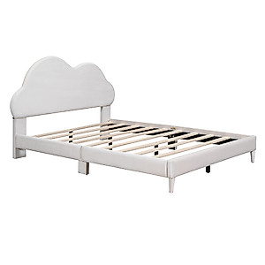 Full Size Bed Frame, Full Size Upholstered Cloud-Shape Bed, Modern Velvet Platform Bed with Headboard for Kids Teens Girls Boys, Easy Assembly, No Box Spring Needed (Beige)