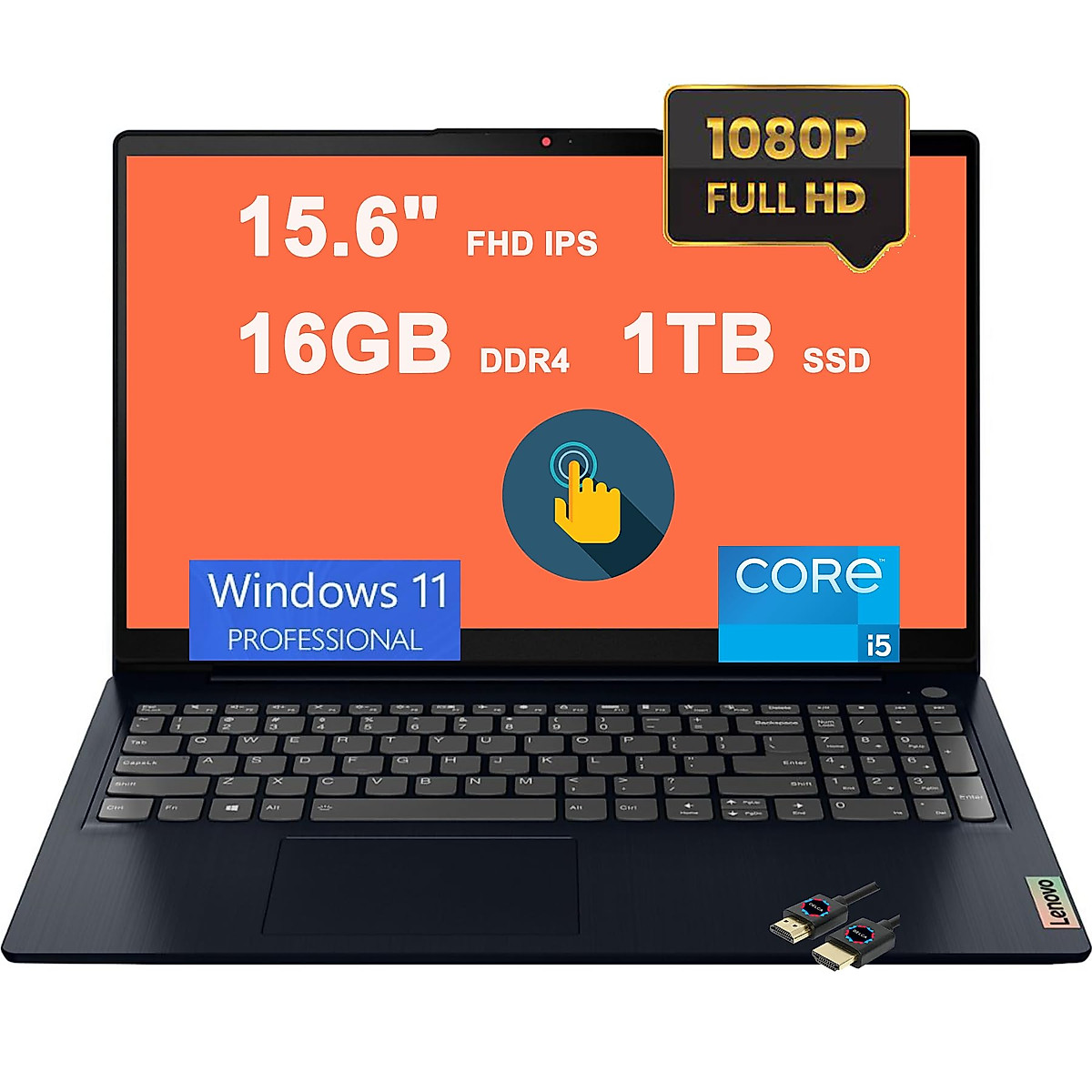 Lenovo IdeaPad 3 Business Laptop | 15.6" FHD IPS Touch | 11th Gen Intel 4-Core i5-1155G7 >i7-10710U | 16GB DDR4 1TB SSD | Intel Iris Xe Graphic USB-C Privacy Webcam Win11Pro Blue + HDMI Cable