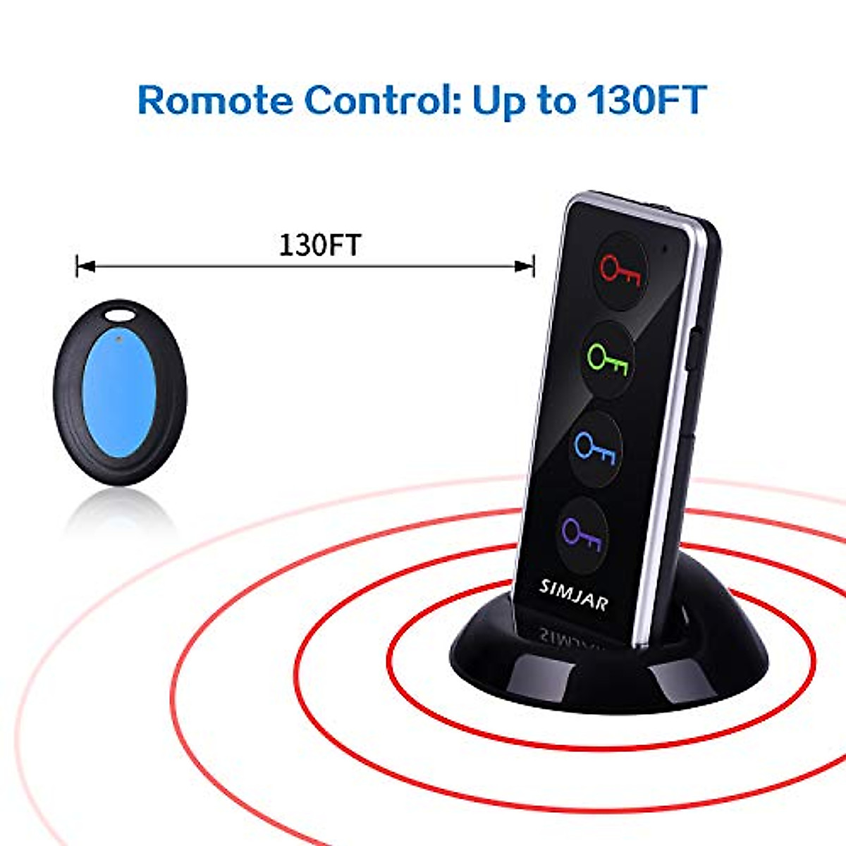 Key Finder with Extra 4 Long Chains & Up to 131ft Working Range in Open Space, Simjar Wireless Remote Control RF Key Finder Locator for Keys Wallet Phone Glasses Luggage Pet Tracker