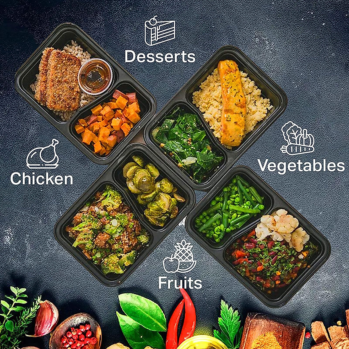 Meal Prep Container with Lids, 50 Pack Divided Food Storage Containers Microwave Safe 2 Compartment Disposable Bento Box Reusable To-go Container Plastic Bento Lunch Box (33 oz)