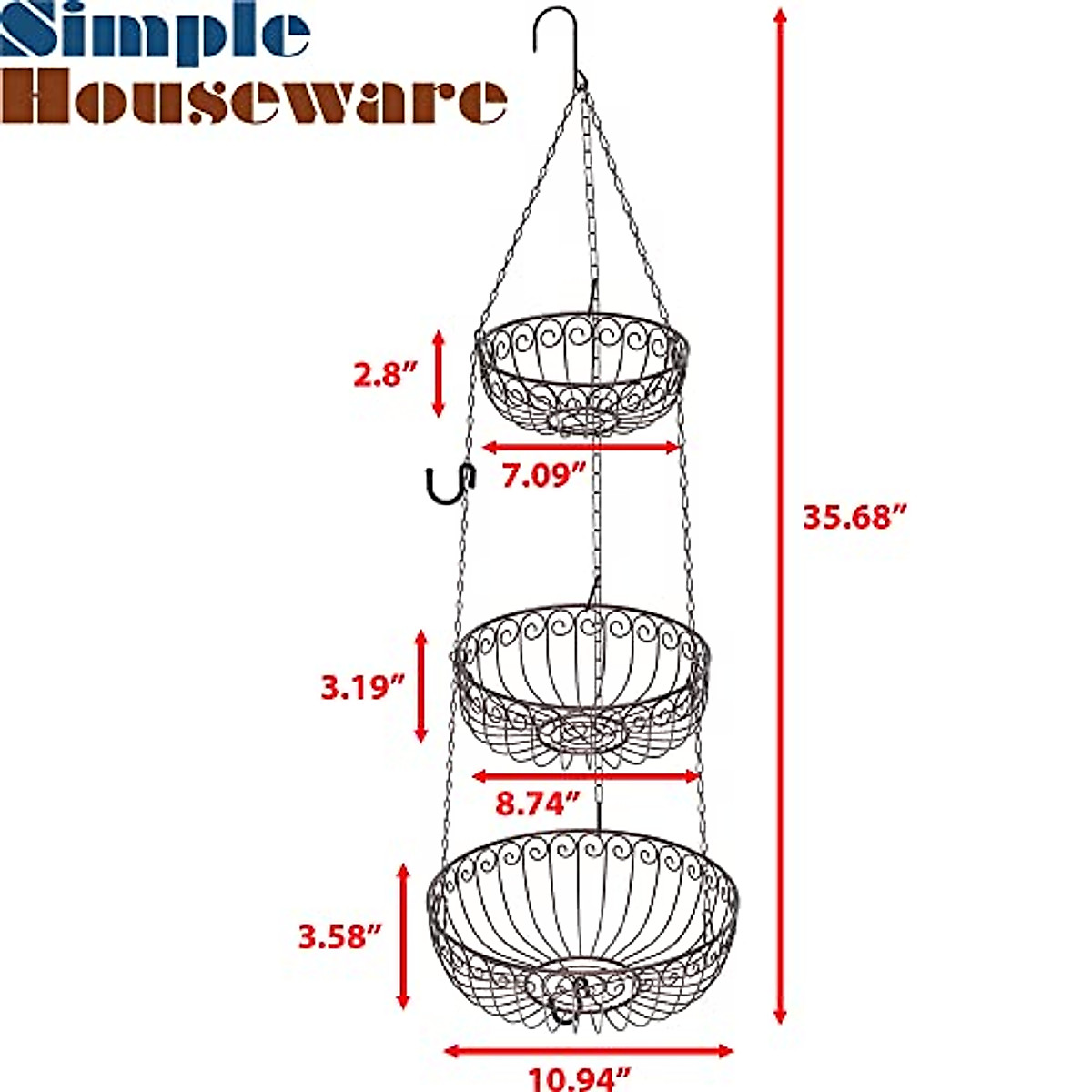 SimpleHouseware 3-Tier Fruit Hanging Basket, Bronze