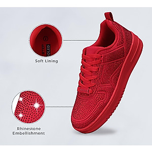 LUCKY STEP Women Fashion Sparkle Rhinestone Sneakers White Leather Low Top Tennis Shoes Lace Up Casual Comfortable Walking Shoe(Red Rhinestone,10B(M) US)