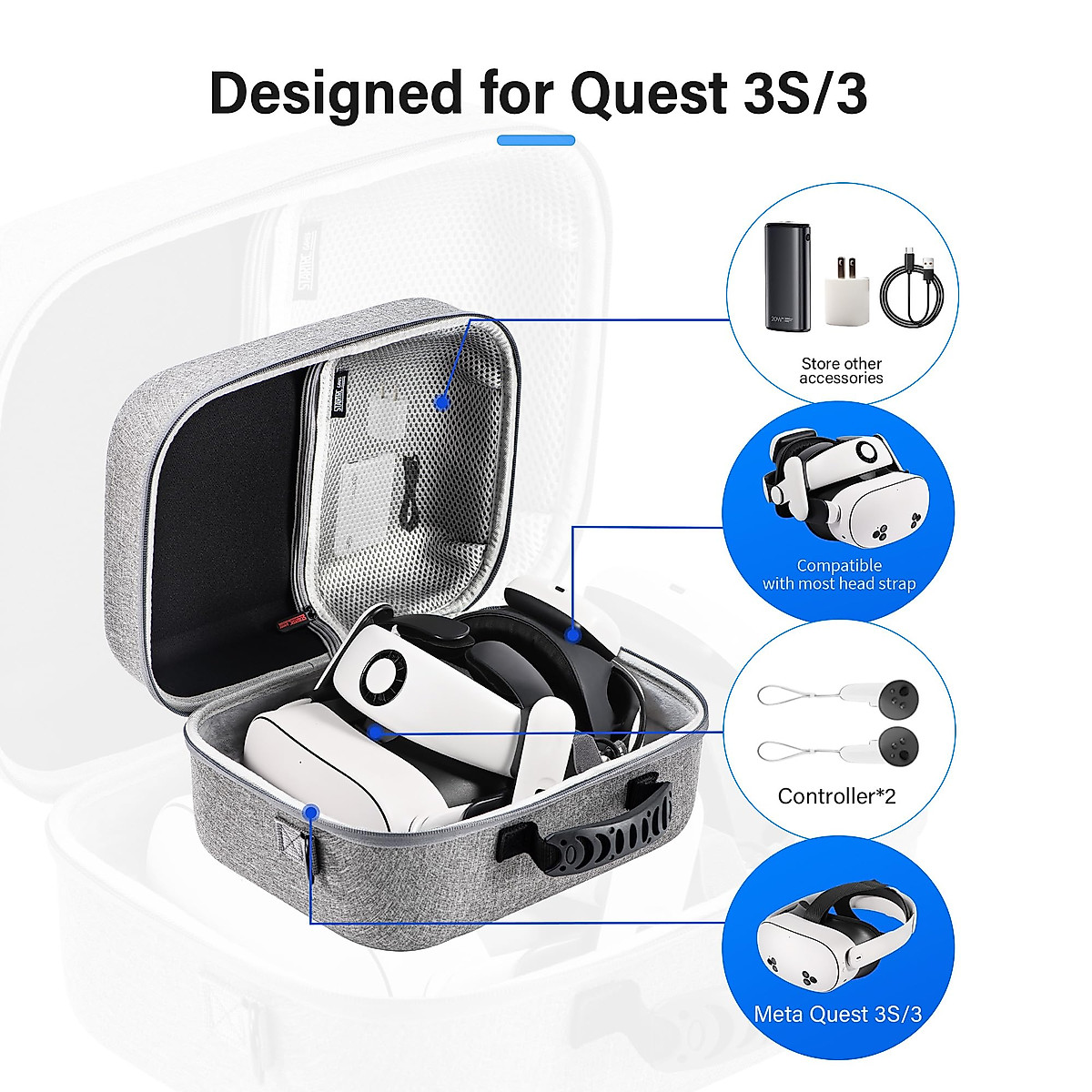 Large Carrying Case for Meta Quest 3S/3, Hard Travel Case Compatible with BOBOVR S3 Pro/KIWI Design Battery Head Strap, Quest Controller and Accessory, Portable Hard Shell Travel Bag, Grey